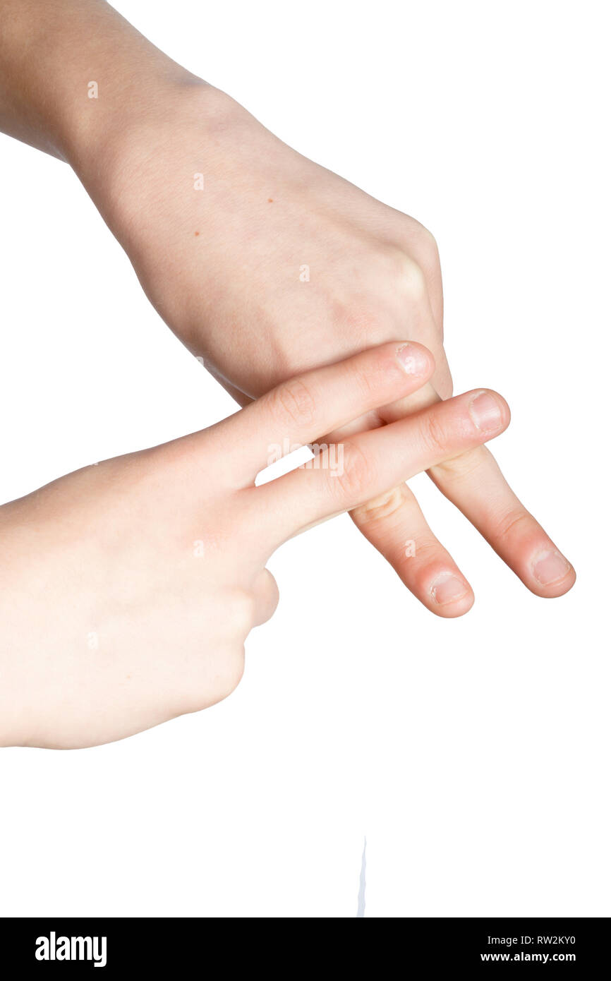 Caucasian hand doing British Sign Language showing the symbol for F ...