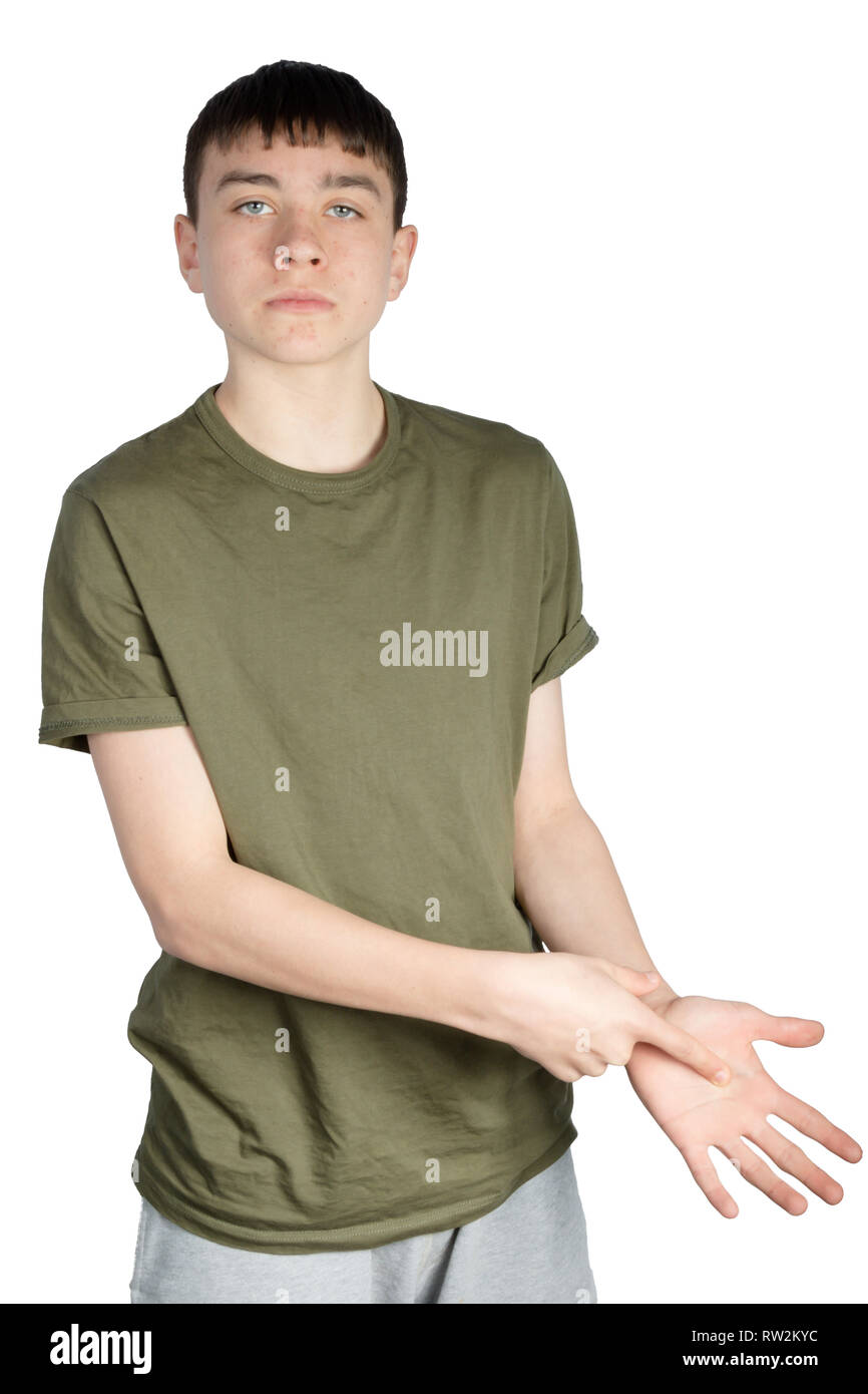 Caucasian teenage boy doing British Sign Language showing the symbol ...