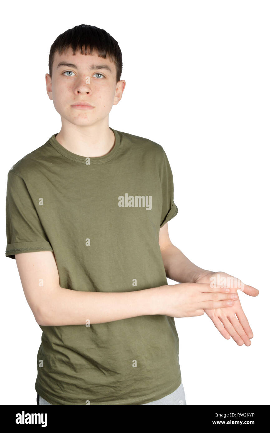 Caucasian teenage boy doing British Sign Language showing the symbol ...