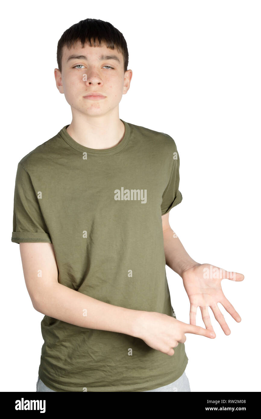 Caucasian teenage boy doing British Sign Language showing the symbol ...