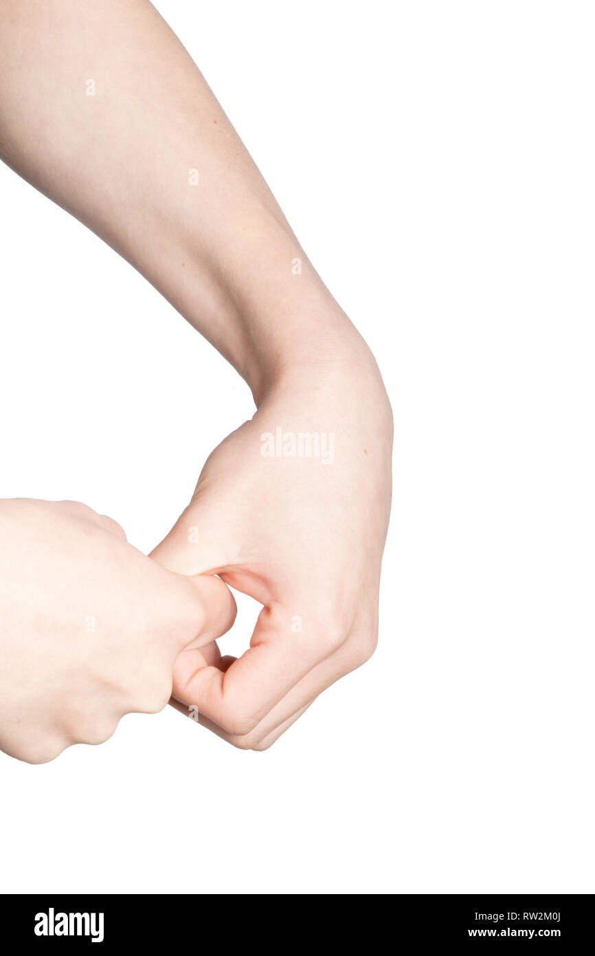 Caucasian hand doing British Sign Language showing the symbol for Q ...