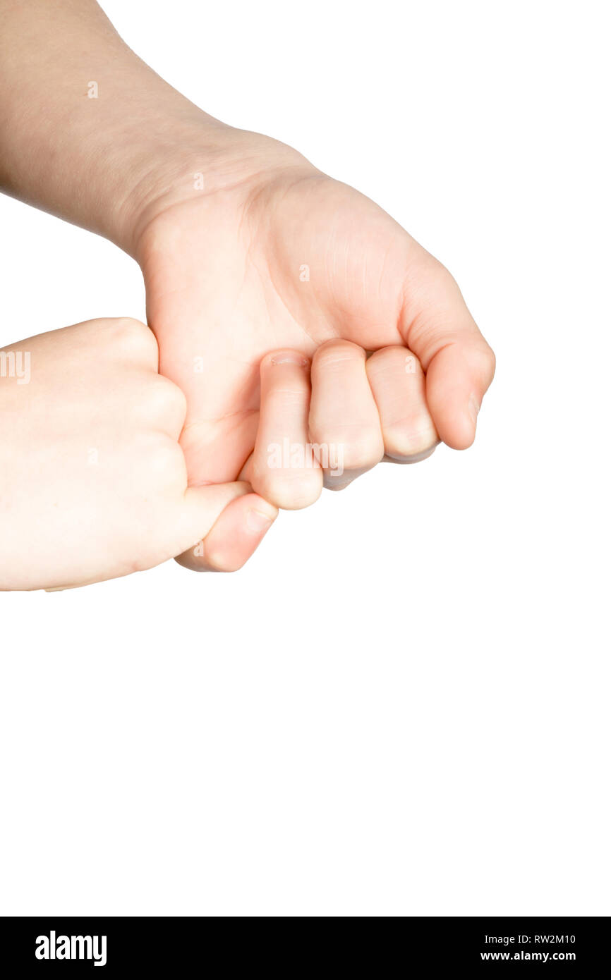 Caucasian hand doing British Sign Language showing the symbol for S ...