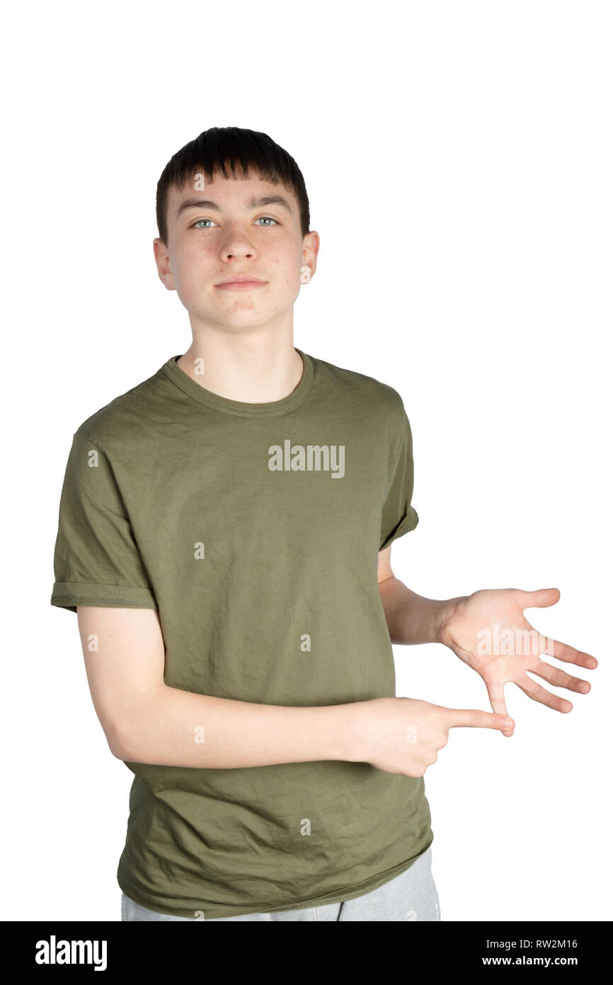 Caucasian teenage boy doing British Sign Language showing the symbol ...