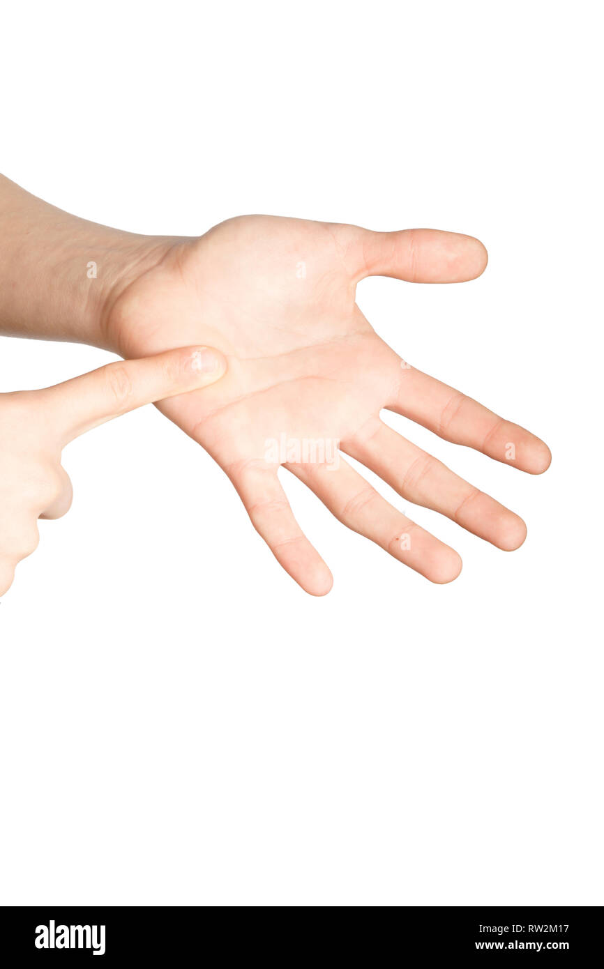 Caucasian hand doing British Sign Language showing the symbol for T ...