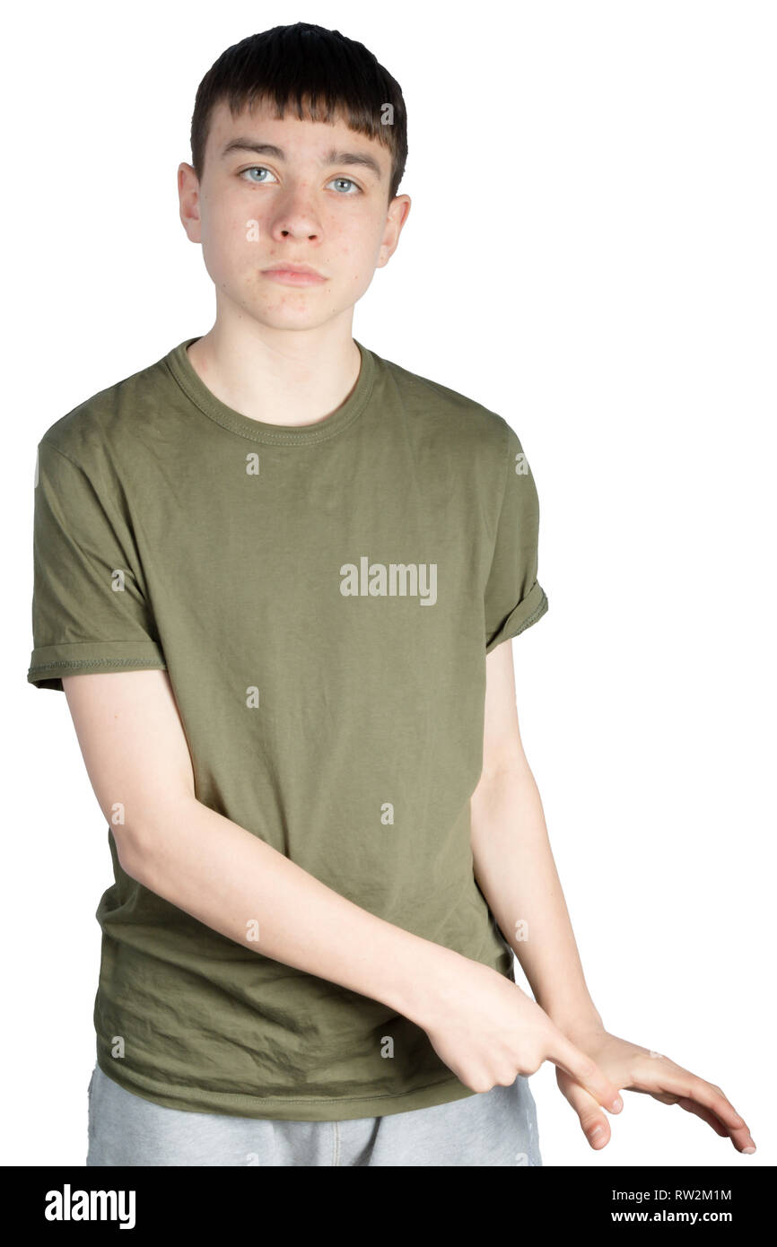 Caucasian teenage boy doing British Sign Language showing the symbol ...