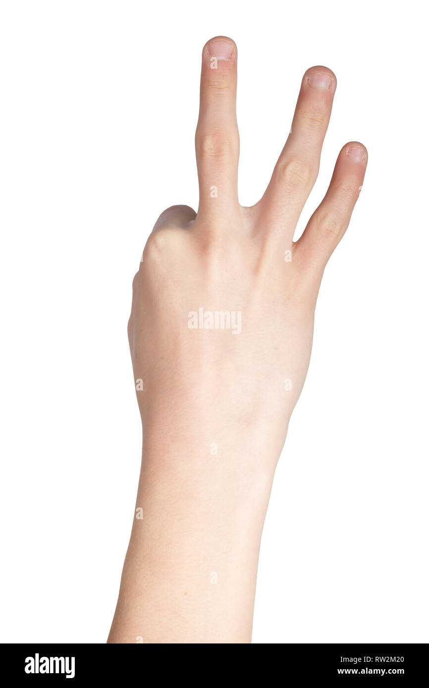 Caucasian hand doing British Sign Language showing the symbol for 3 ...