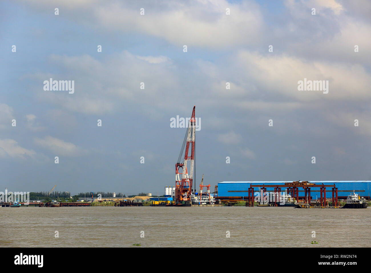 Bridge construction work in progress on the Padma River. Bangladesh ...