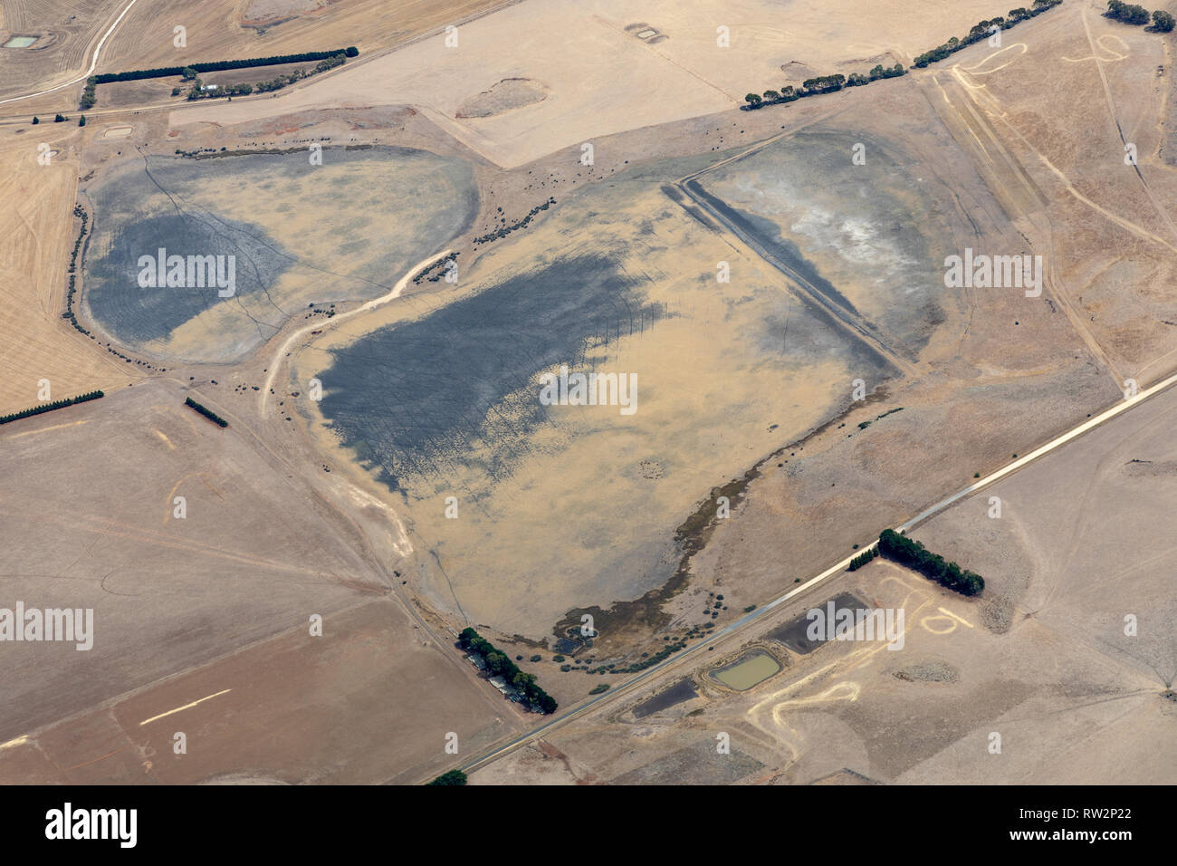 Aerial photography of Victorian countryside and farms during drought ...