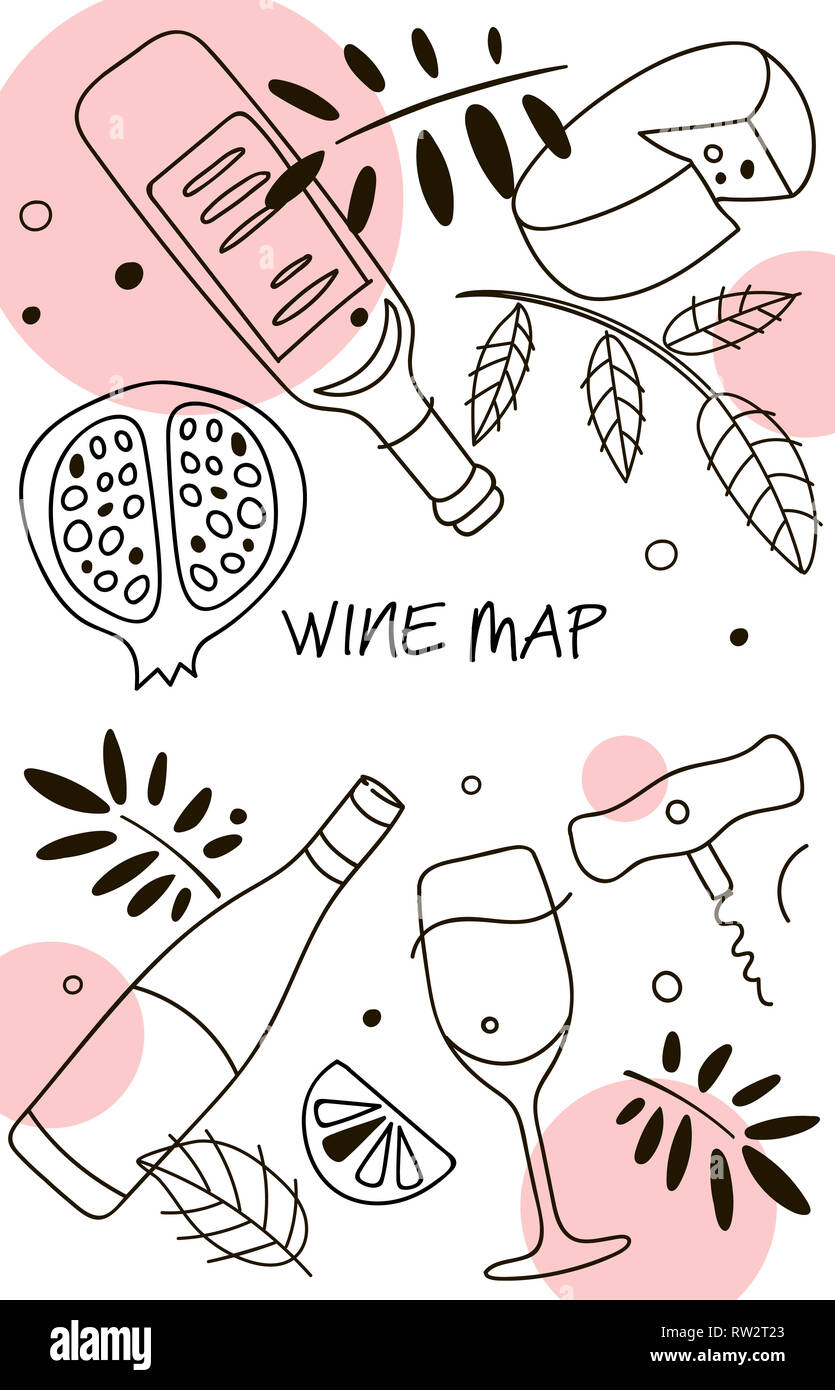 Wine composition. Line art graphic. Restaurant template. Line ...