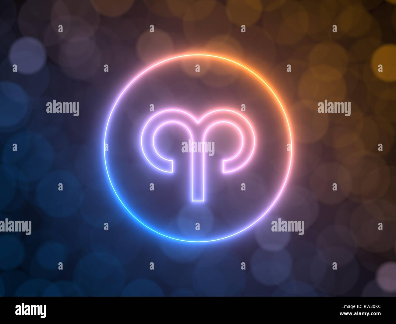 glowing neon sign of Aries with blurred bokeh background. 3d ...