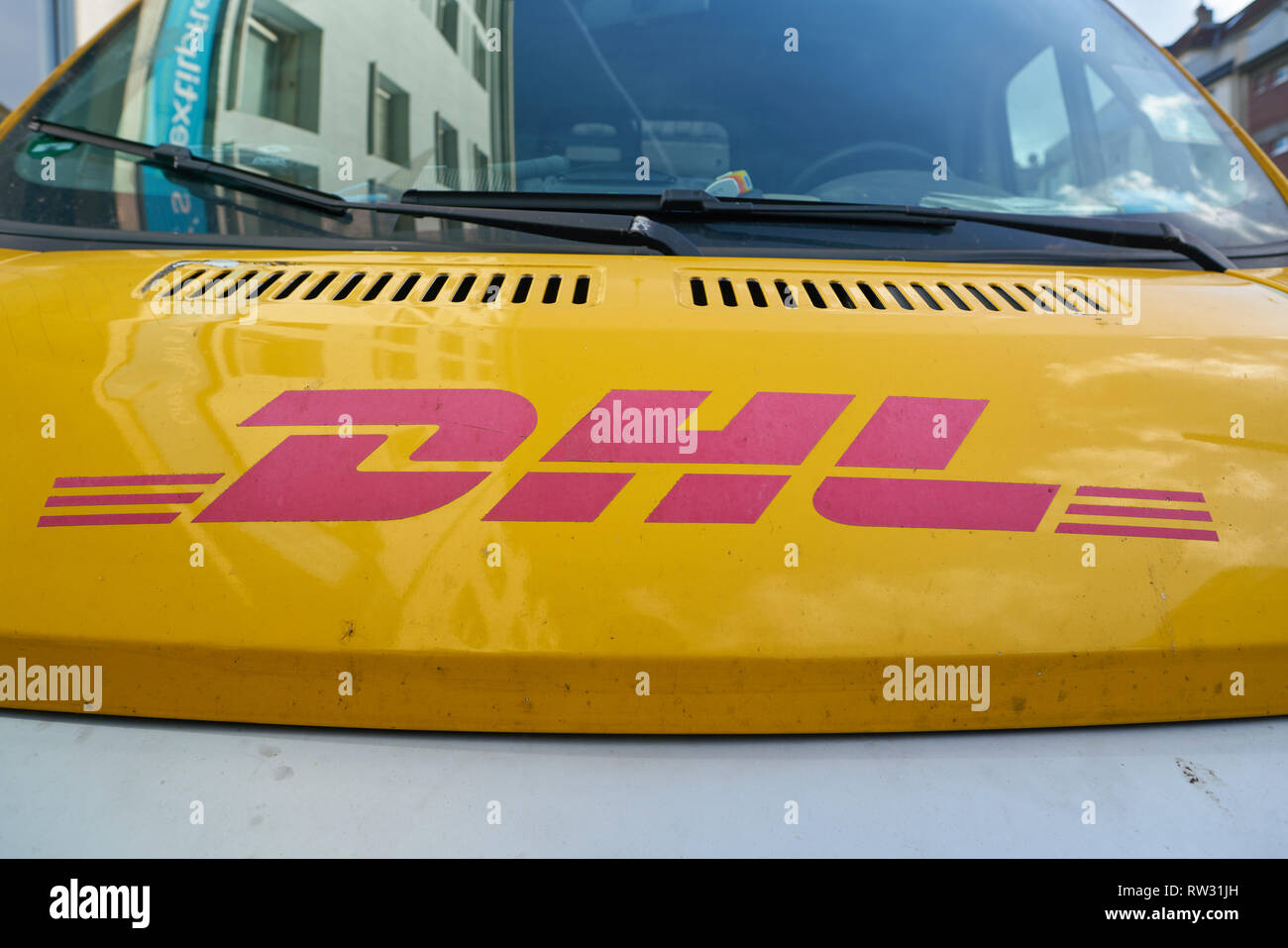 DUSSELDORF, GERMANY - CIRCA SEPTEMBER, 2018: close up shot of a DHL ...