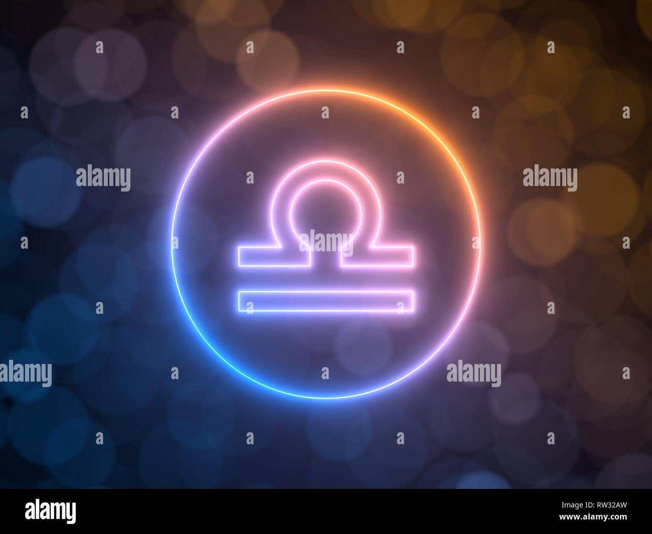 glowing neon sign of Libra with blurred bokeh background. 3d ...