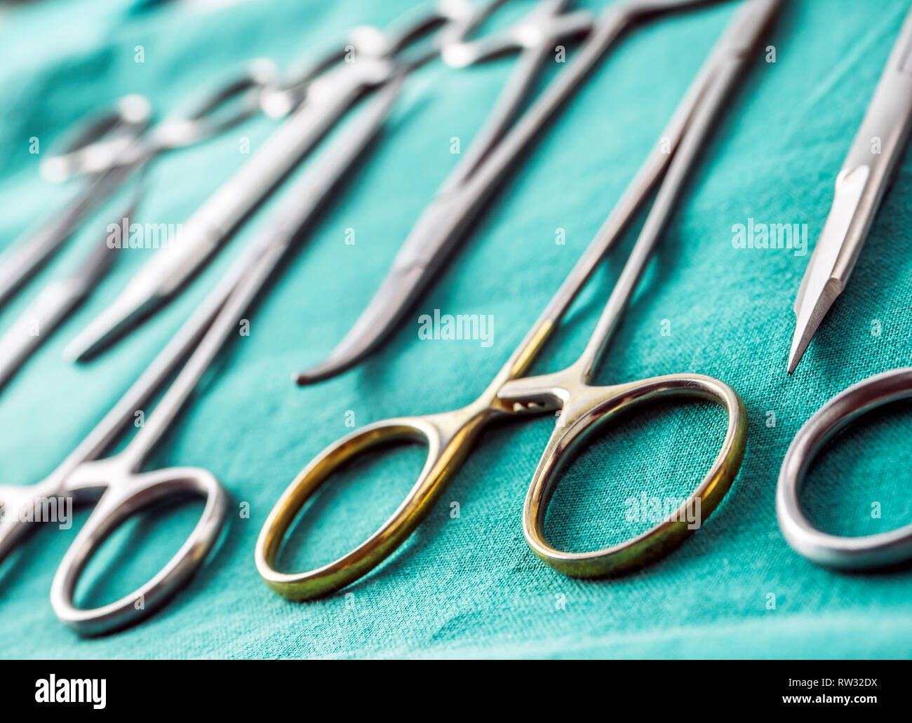 Some scissors for surgery on a tray in an operating theater, conceptual ...