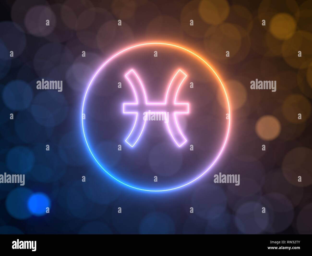 glowing neon sign of Pisces with blurred bokeh background. 3d ...