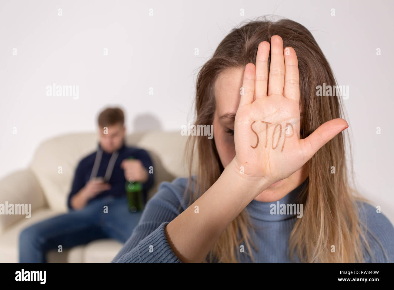 People, domestic violence and abuse concept - Woman shows stop abusing ...