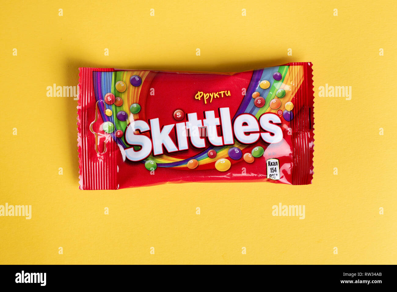 Ukraine, Kiev March 29, 2018. Closeup of Skittles candy made by Wm ...