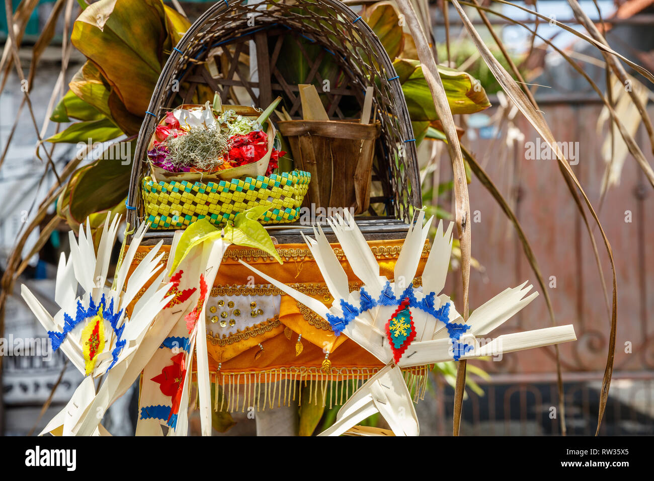 Balinese Hindu weaved altar decoration lamar and gantung-gantungan for ...