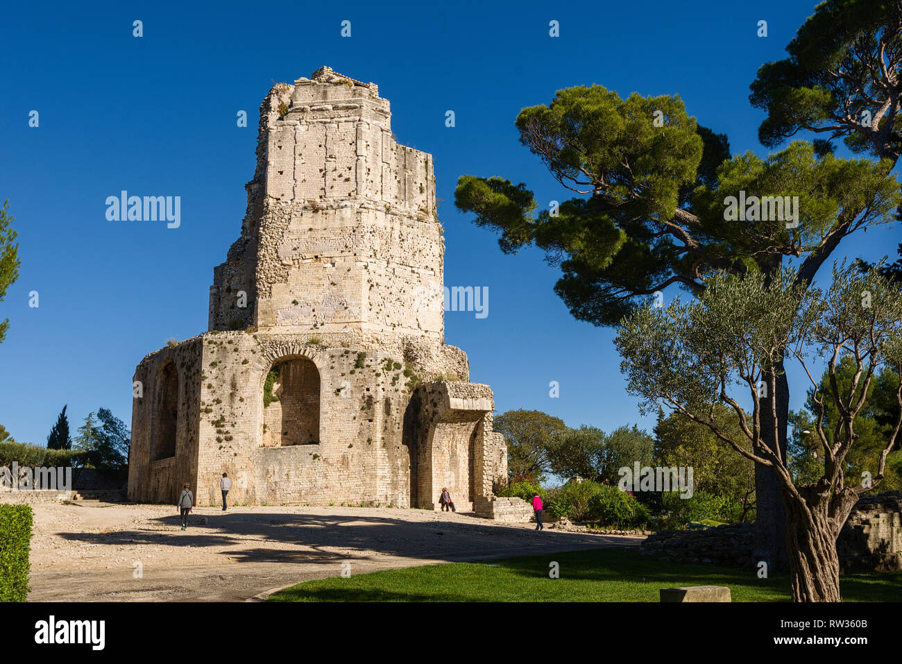 park and ancient ruins of the Tour Magne in Nimes, Provence, France ...