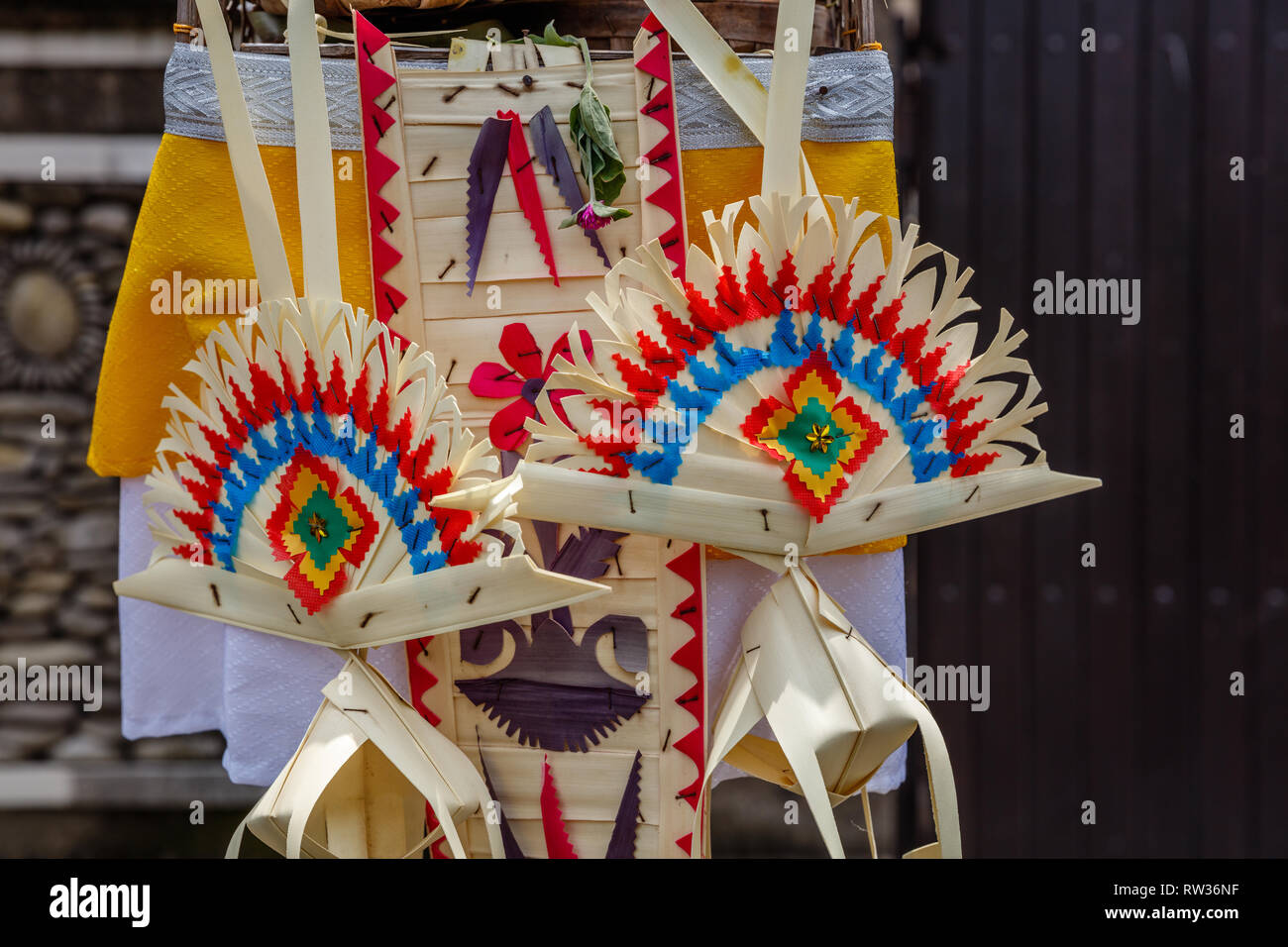 Balinese Hindu weaved altar decoration lamar and gantung-gantungan for ...