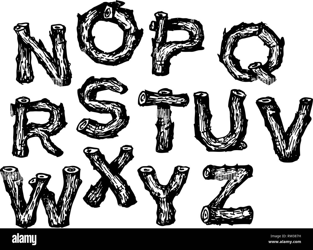 Black hand drawn alphabet font made from oak wooden sticks Stock Vector ...