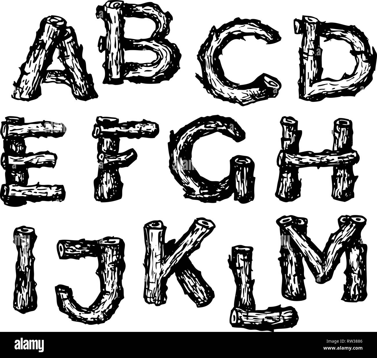Black hand drawn alphabet font made from oak wooden sticks Stock Vector ...