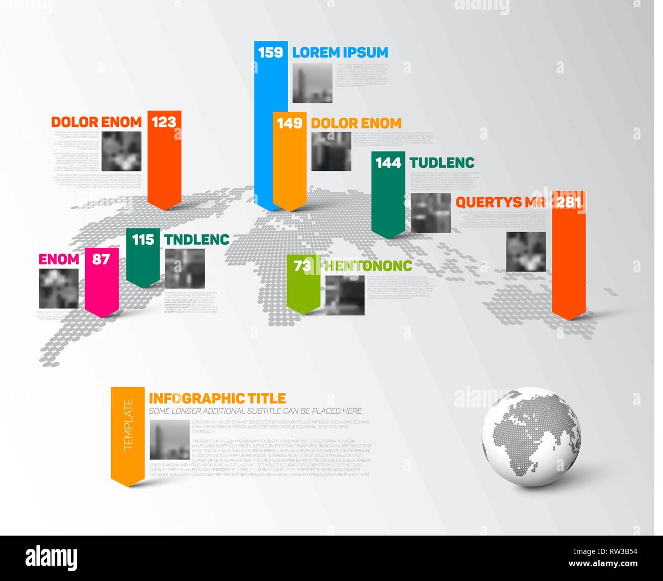 Light halftone World map infographic template with globe, photos, color pointer marks and data ...
