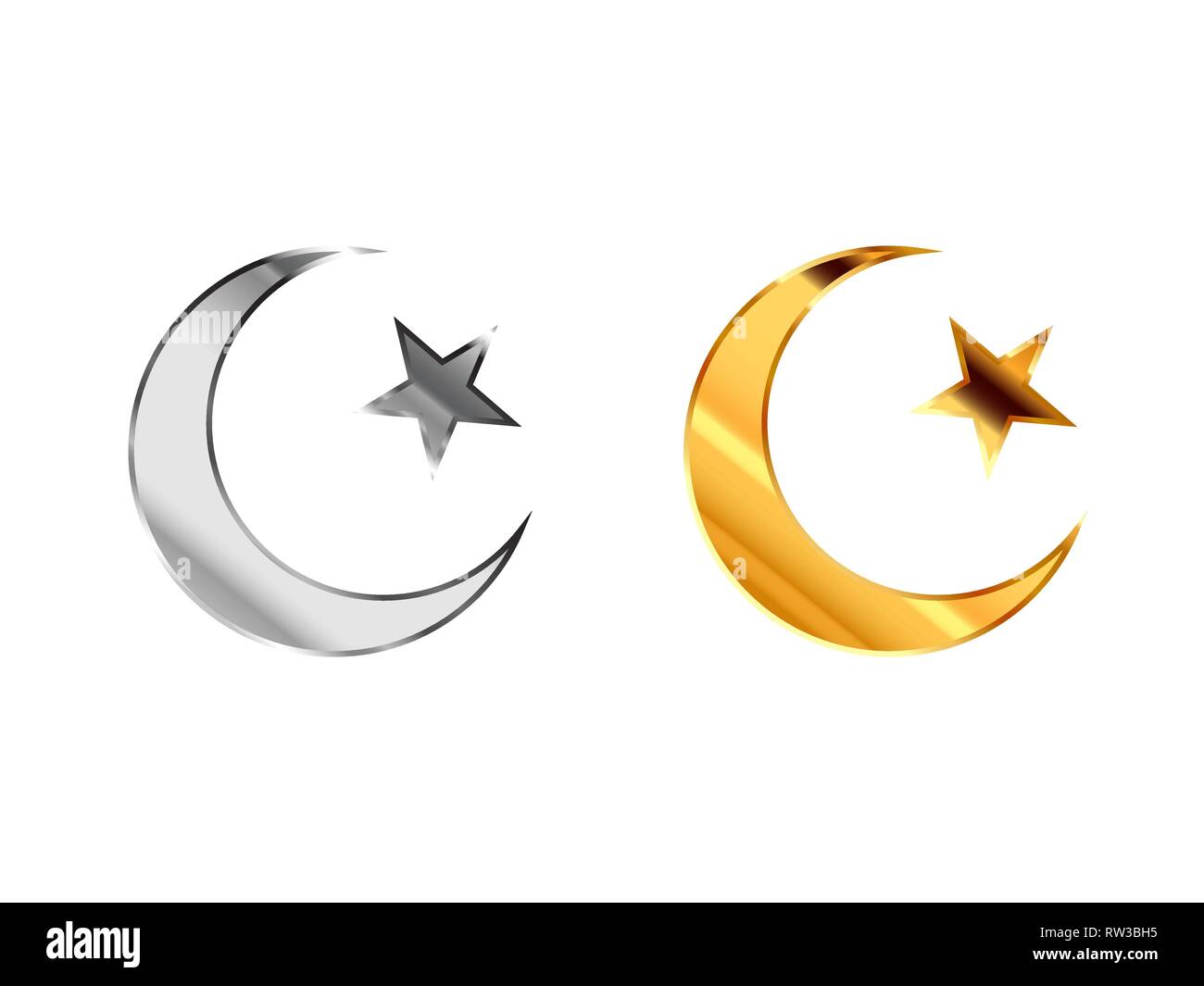 Islam religious signs made from glossy silver and gold metall isolated ...
