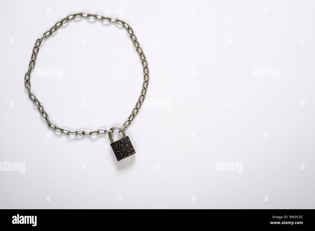 Closed lock with metal chain link fence square on white background. The ...