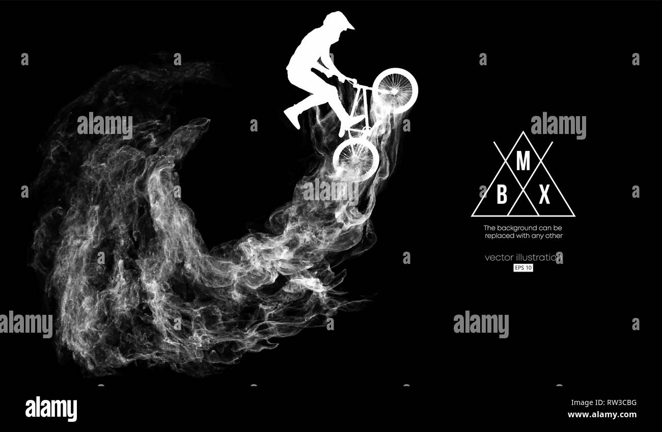 Abstract silhouette of a bmx rider on the dark, black background from ...