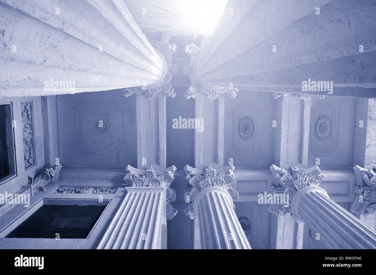 Architecture background - colonnade tops and the ornanental ceiling of famous Kazan Cathedral ...