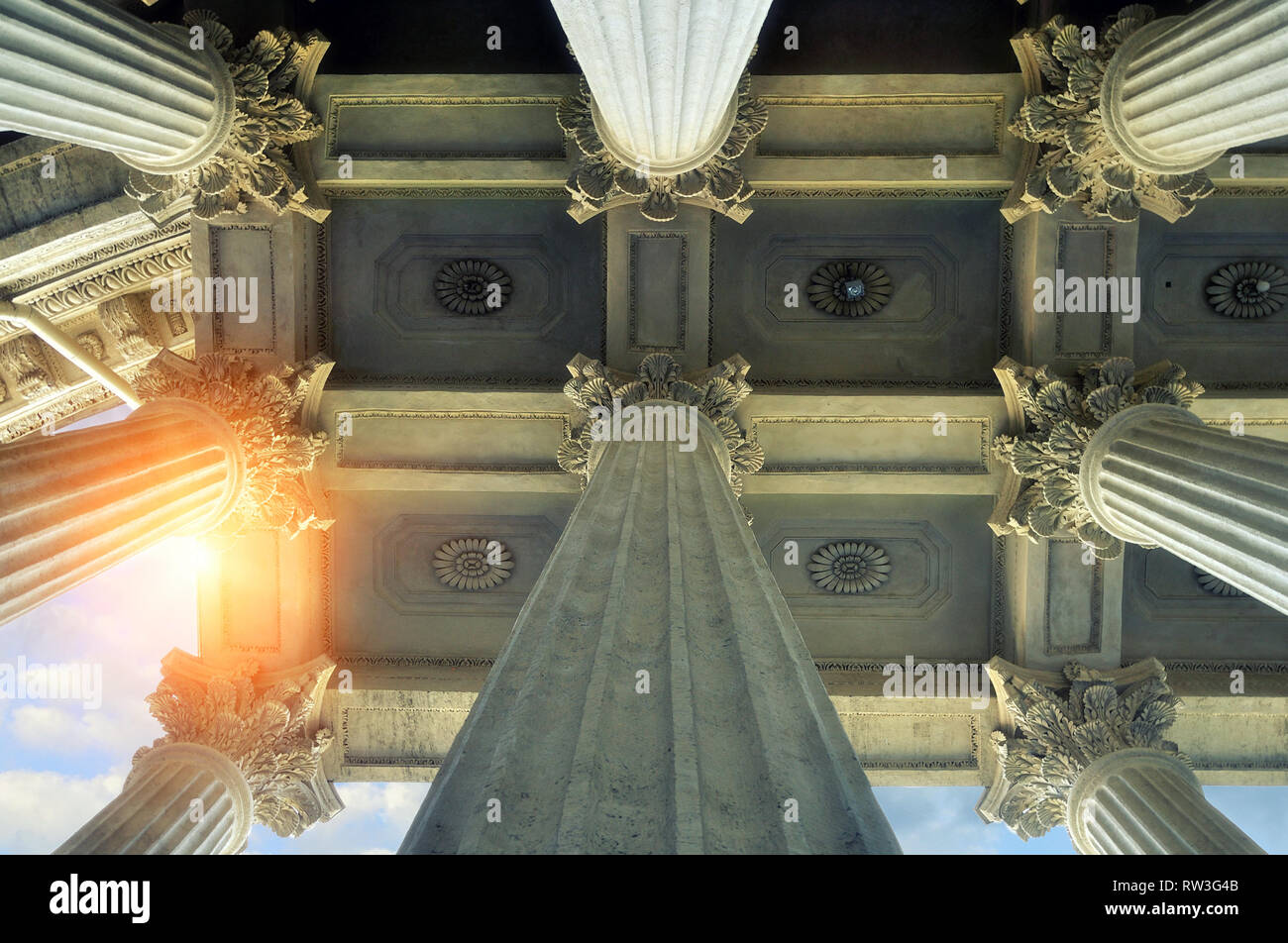 Architecture background. Elements of colonnade and the ceiling of Kazan Cathedral in Saint ...