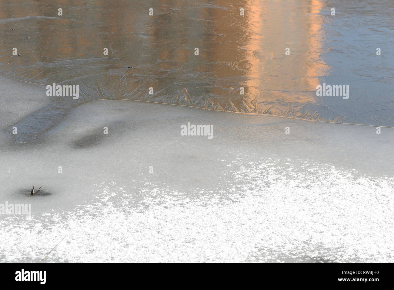 Snow and ice on a winter river. Winter texture and background Stock ...