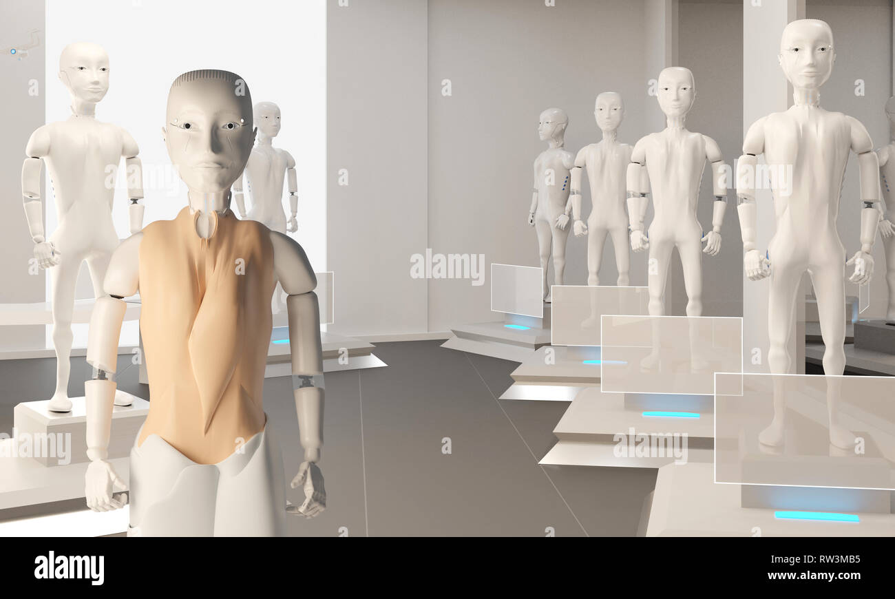 saleswoman in shop for autonomous artificial intelligence robots 3d ...