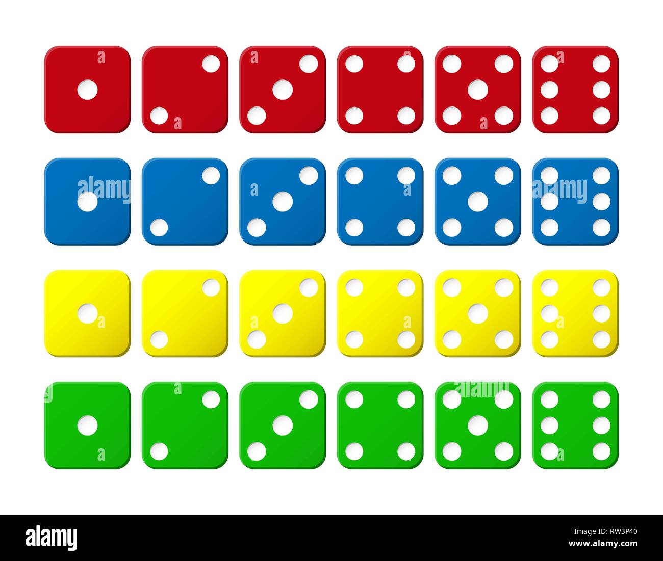 Set of cubes of different colors with points from 1 to 6 Stock Vector ...