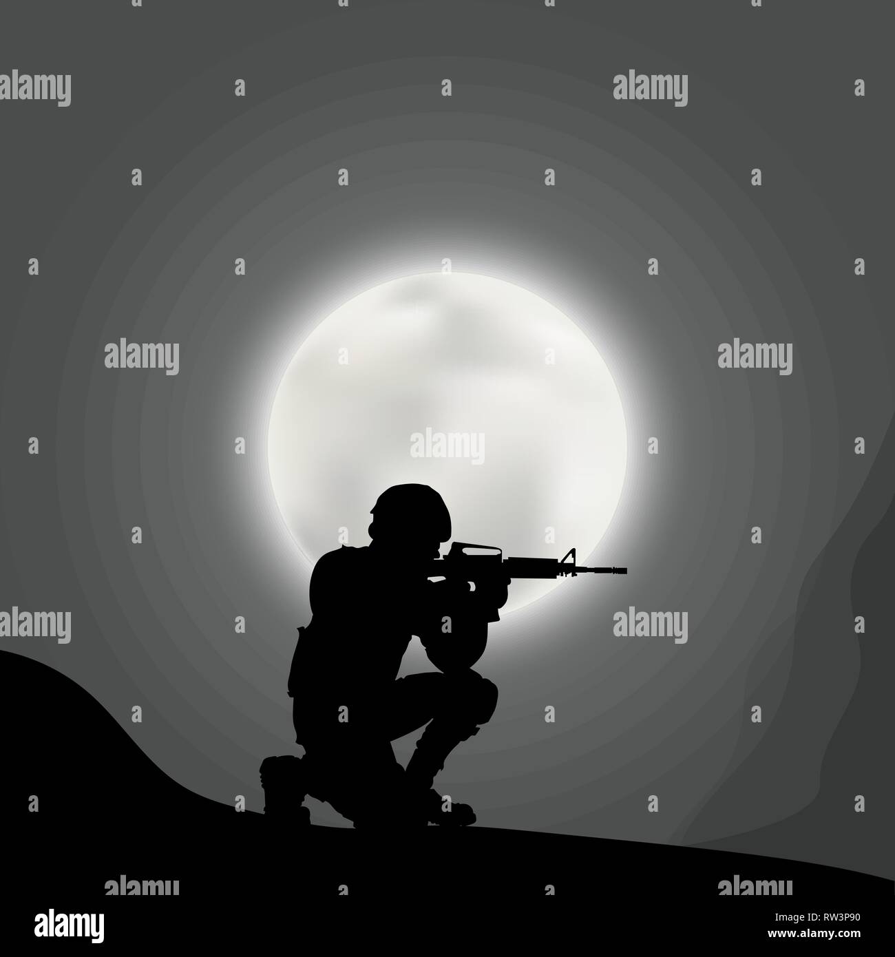 soldier looks at the sight of the machine on the background of the big ...