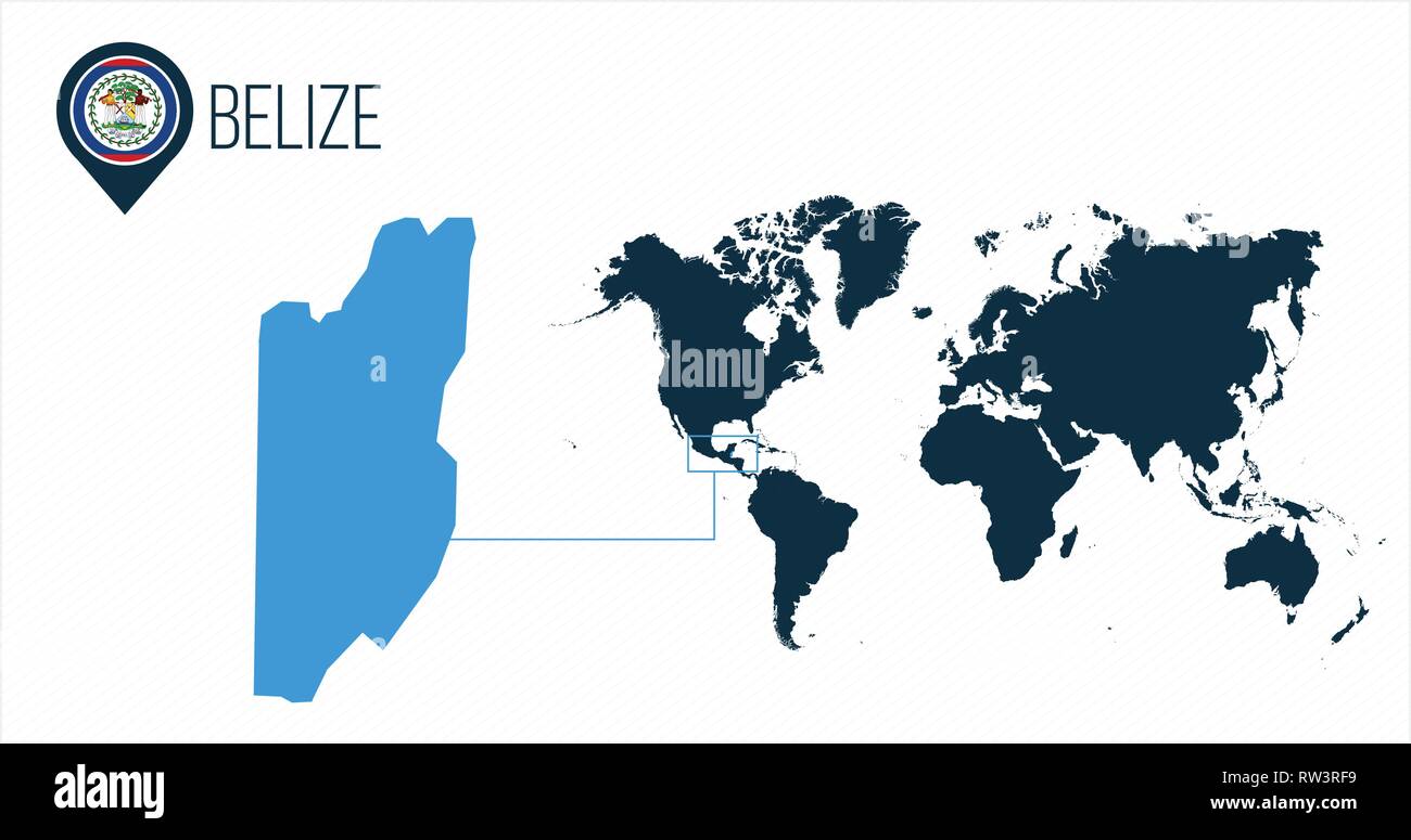 Belize map located on a world map with flag and map pointer or pin ...