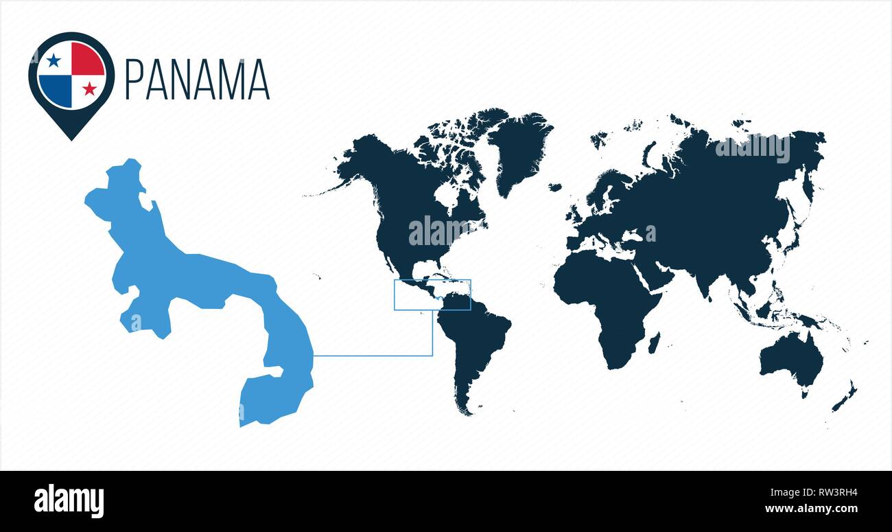 Panama map located on a world map with flag and map pointer or pin ...