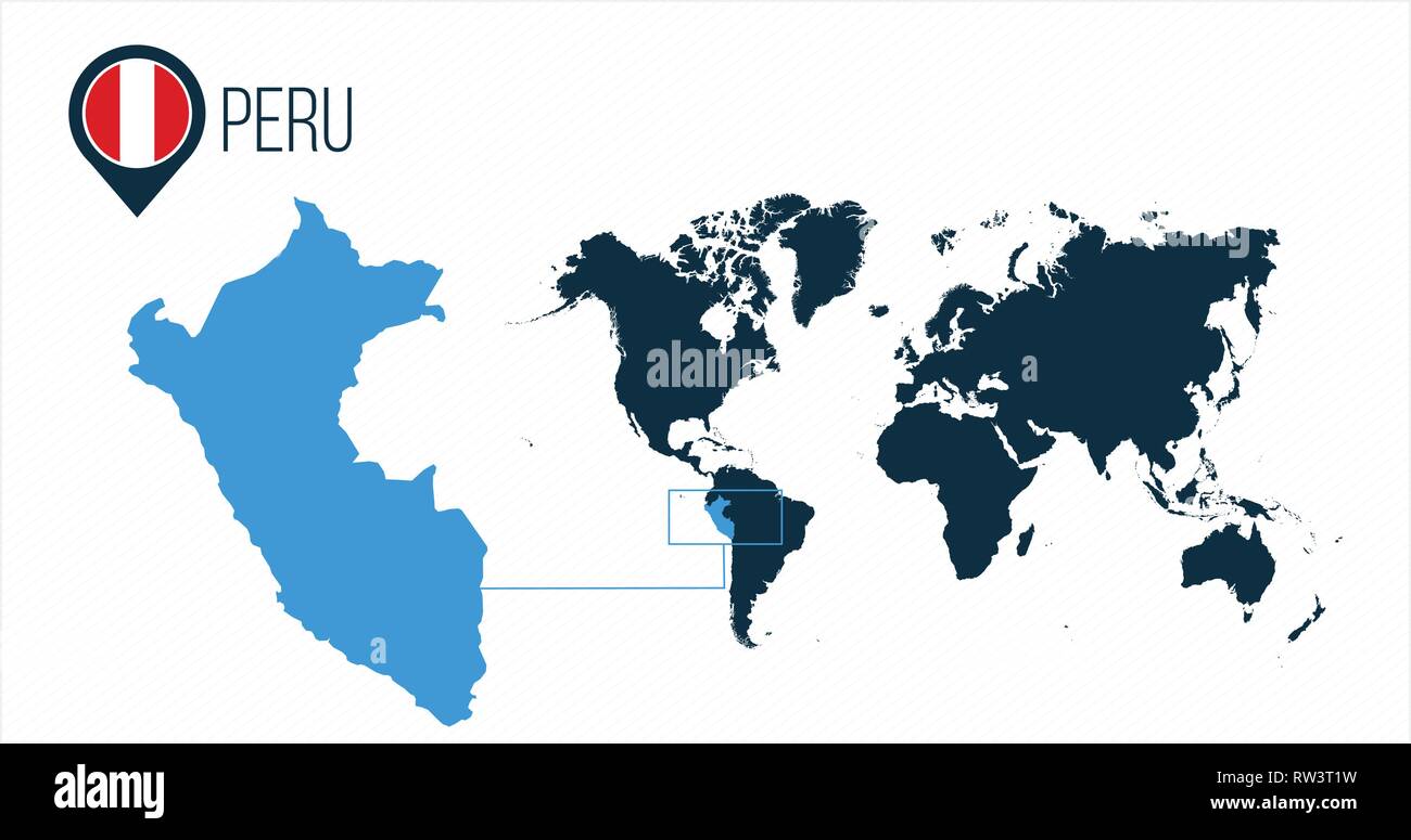 Peru map located on a world map with flag and map pointer or pin ...