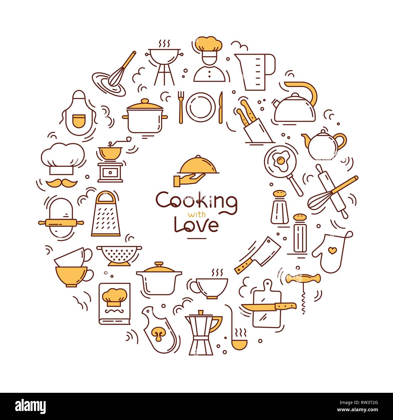 Cooking with love circular Background from icons on the theme of the ...