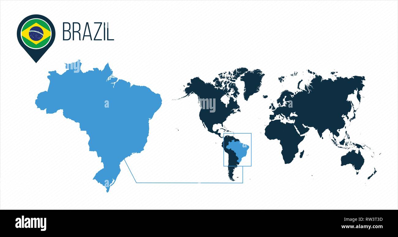 Brazil map located on a world map with flag and map pointer or pin ...