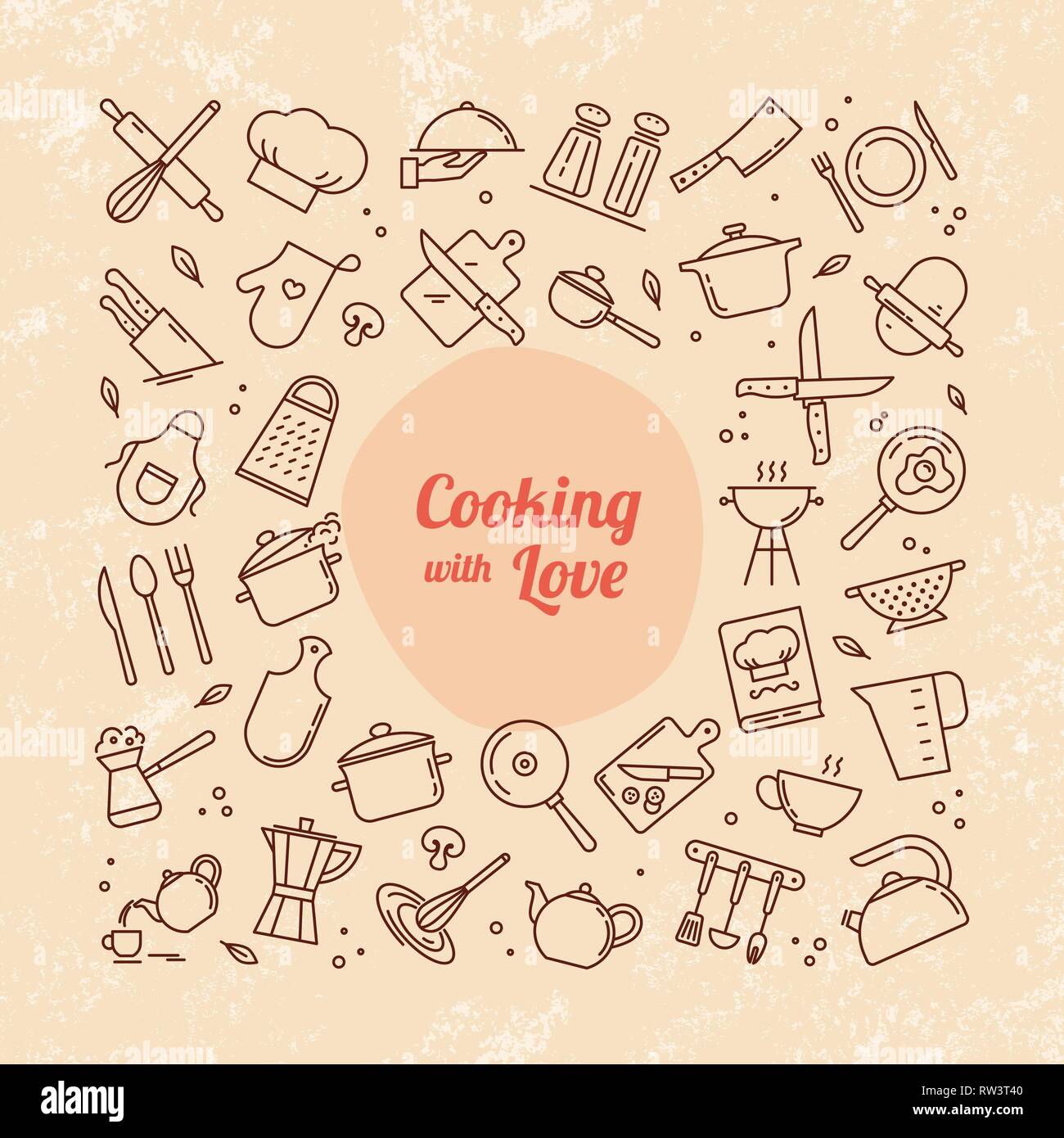 Background from icons on the theme of kitchen and cooking with ...