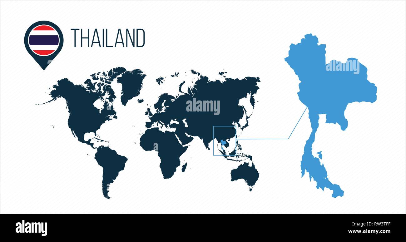 Thailand map located on a world map with flag and map pointer or pin ...