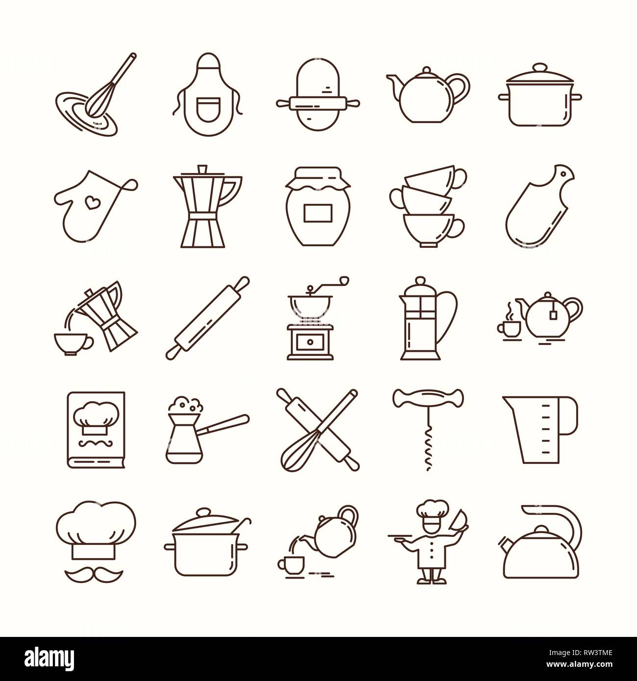 Set of clean line icons featuring various kitchen utensils and cooking ...