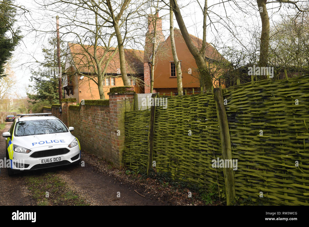 A police car in North End, Dunmow, Essex, near the home of Keith Flint ...