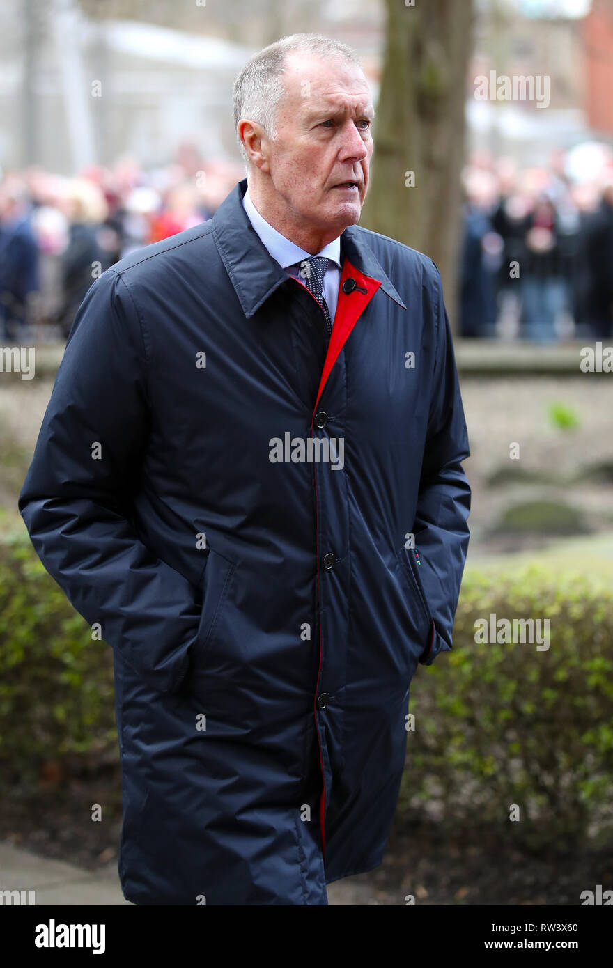 Retired footballer Sir Geoff Hurst arrives at the funeral service for ...