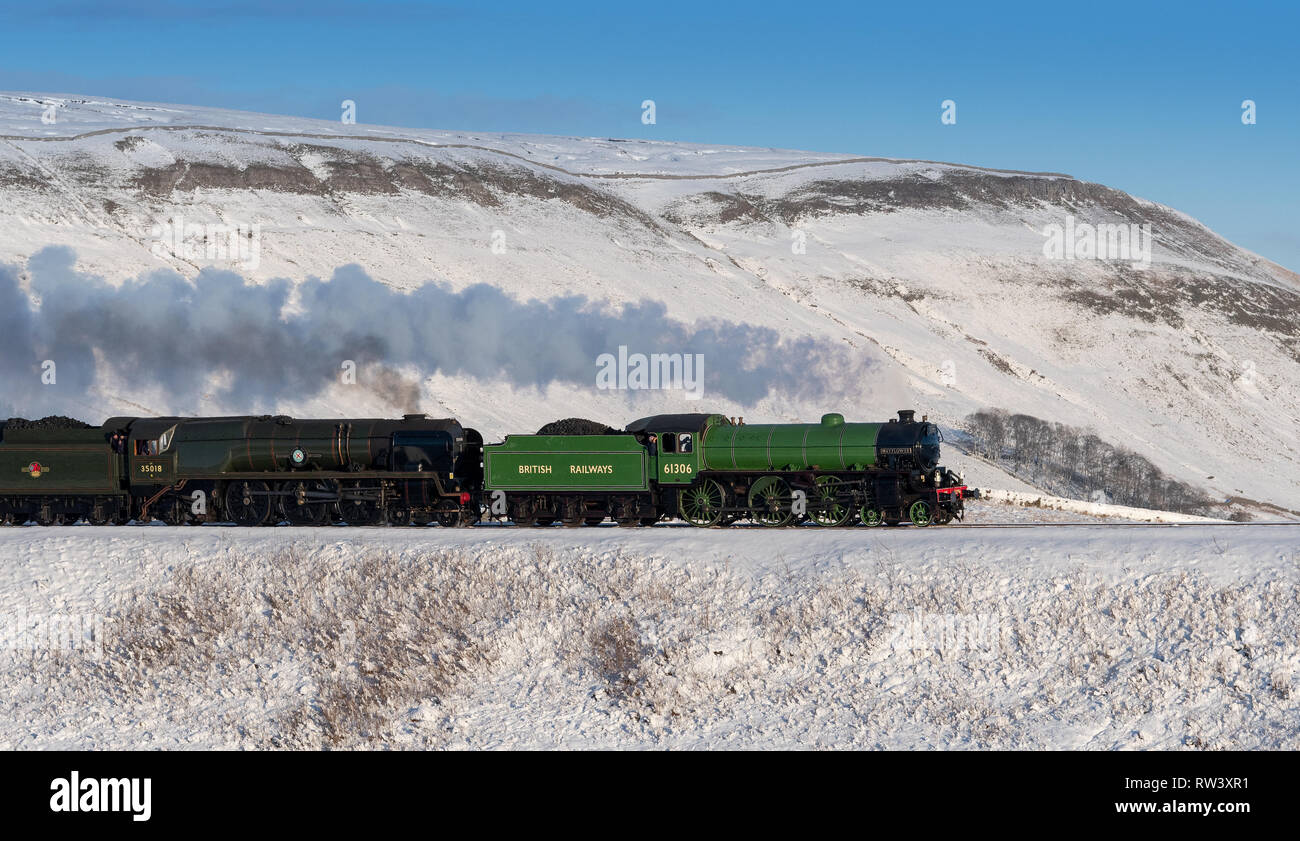 Double header steam trains, 61306 Mayflower and 35018 British India ...