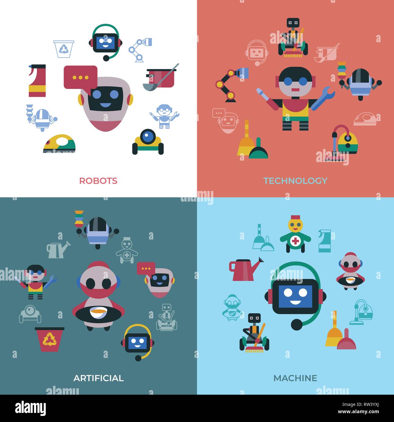 Digital vector service and cleaning home machine robots simple icons ...