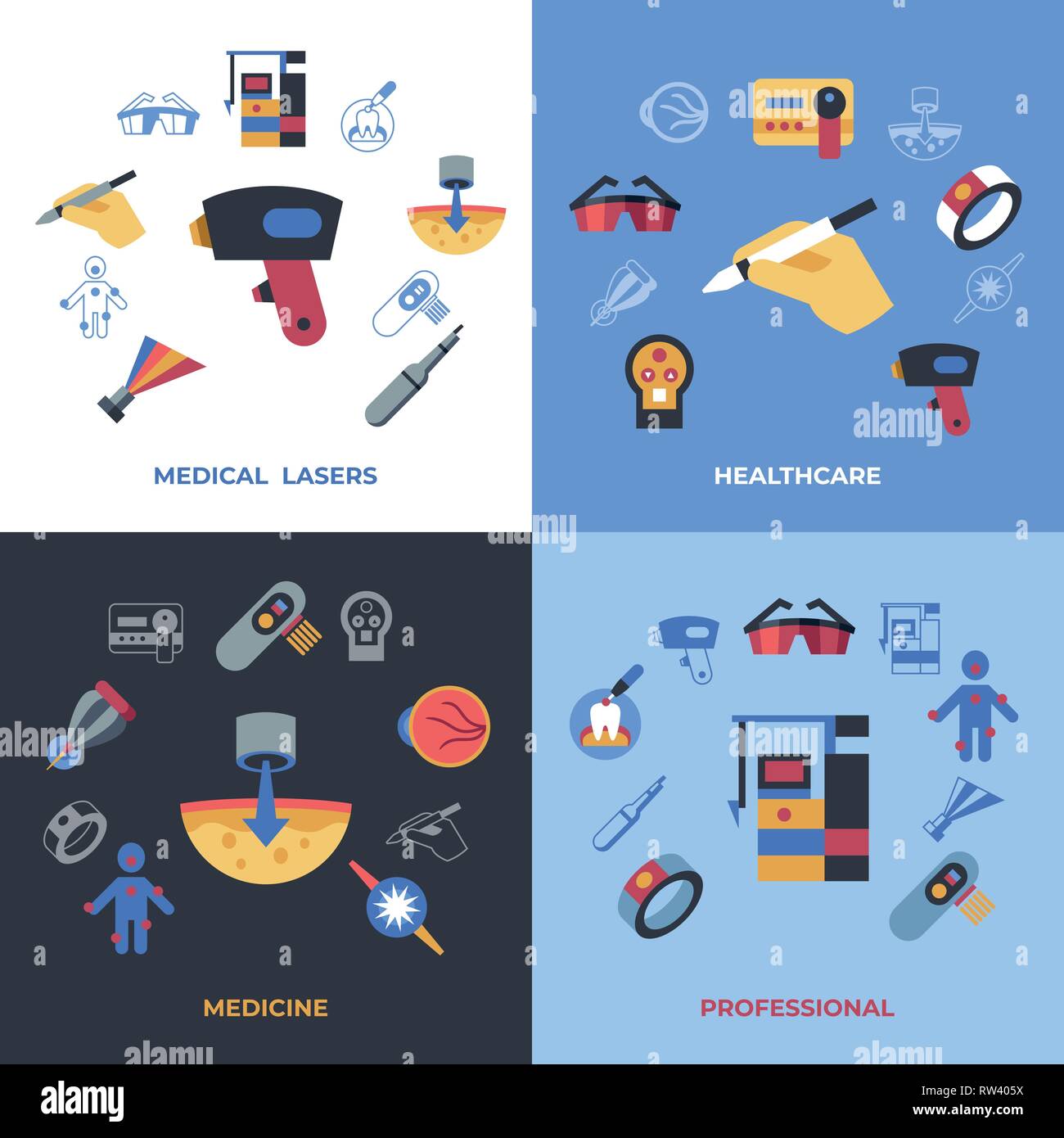 Digital vector medical lasers healthcare simple icons, flat style ...