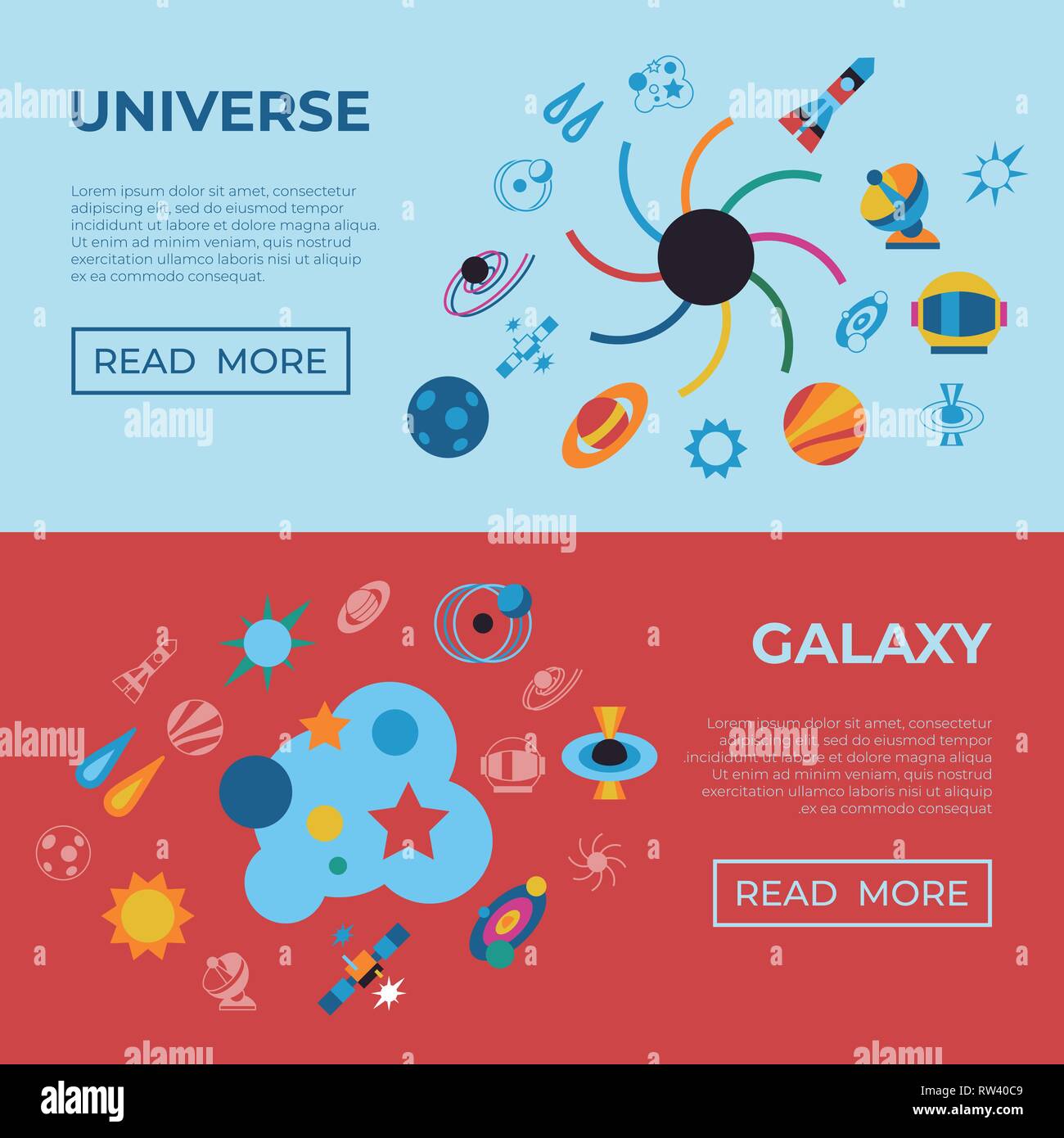 Digital vector black holes and cosmos universe simple icons, flat style ...