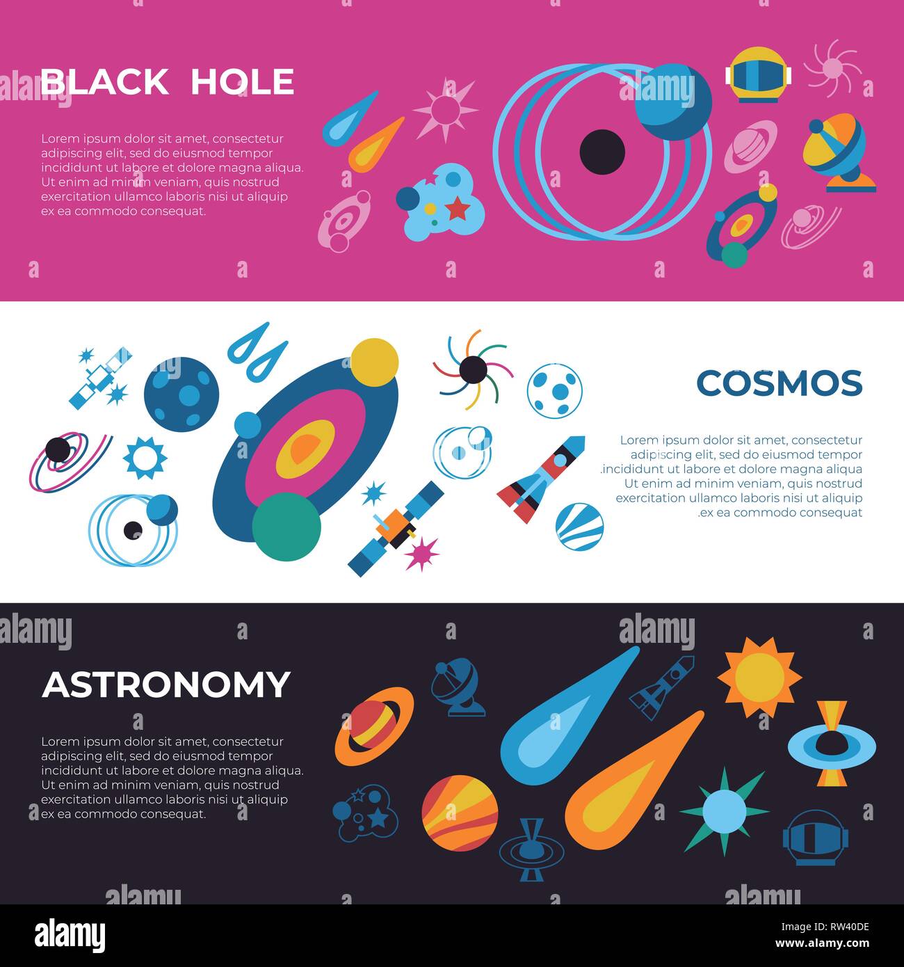 Digital vector black holes and cosmos universe simple icons, flat style ...
